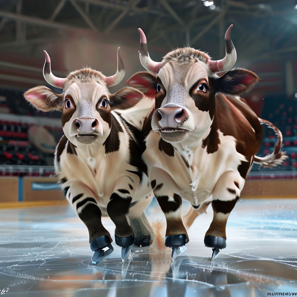 Very beautiful cow and big bull skating on the ice of the sp... by Yura ...