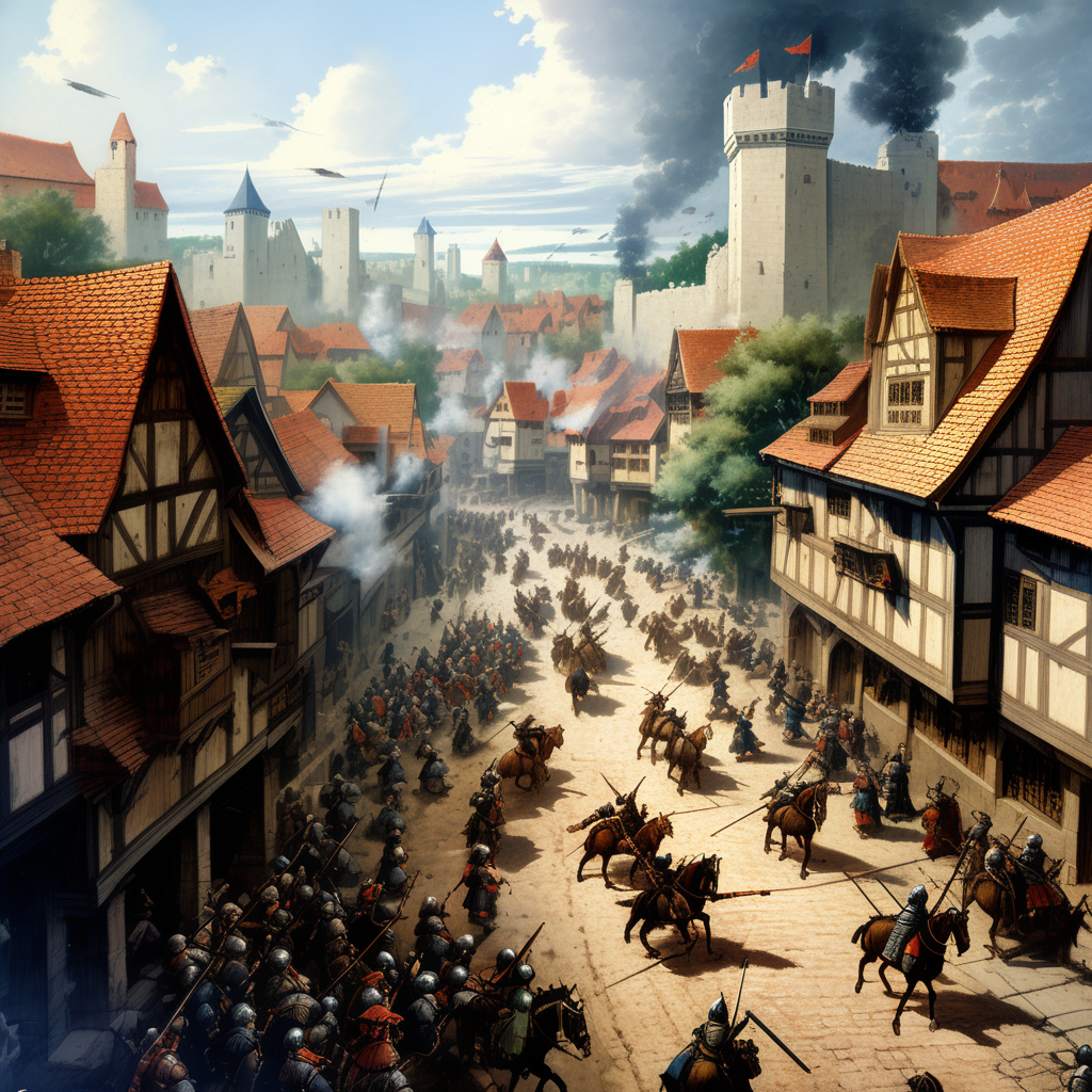 A top-down view of a battle in a medieval town street by Joshua ...