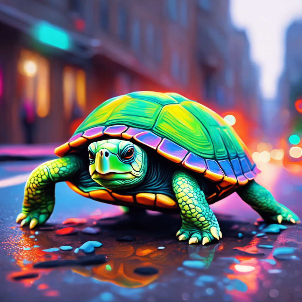 Cute turtle on the street. Oil painting with bright neon col... by ...