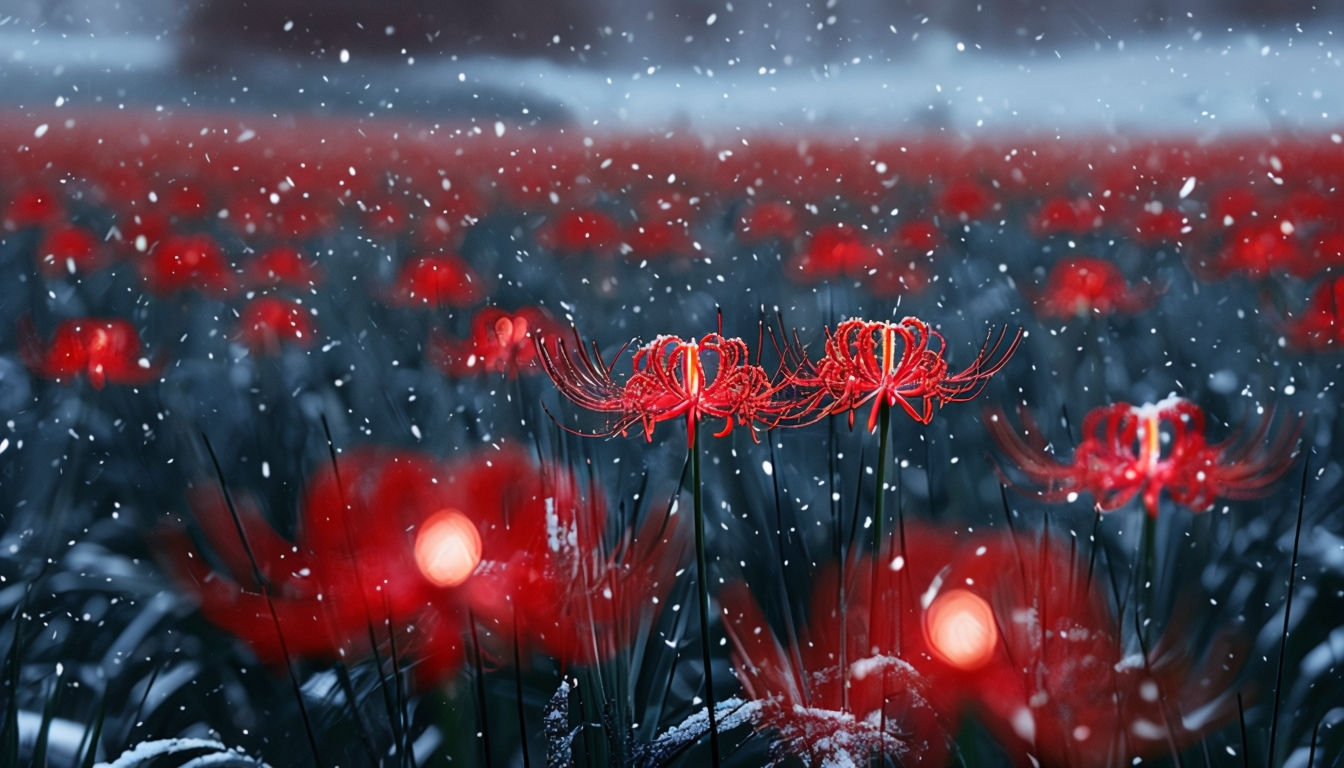 A close-up of a big field of red spider lilies in a snowy en... by MadEngine - Playground