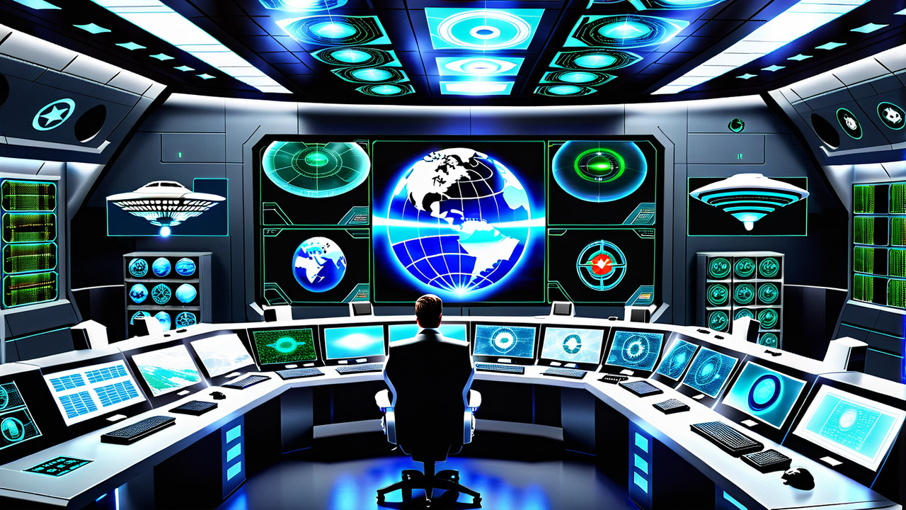 A top-secret military control room with futuristic high-tech... by ...