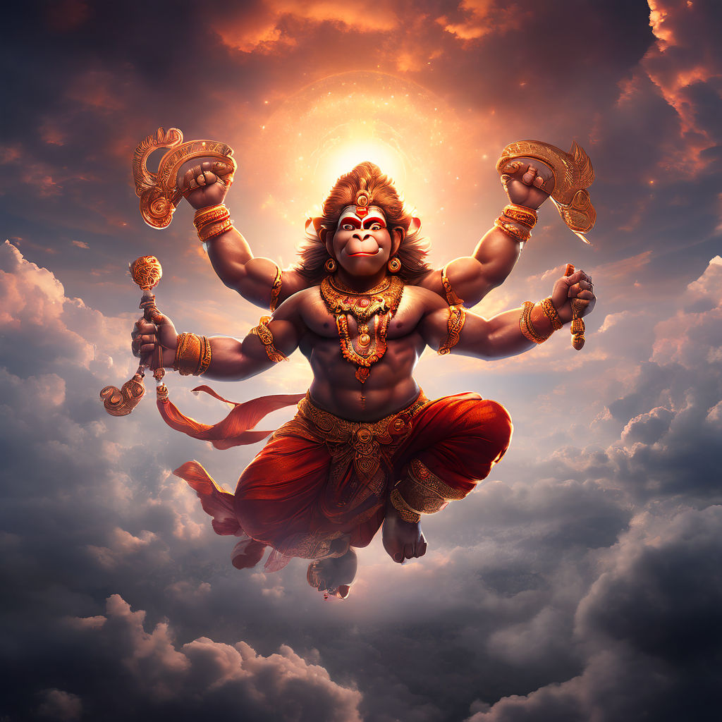 Create fantasy art of hindu god lord hanuman flying in sky h... by ...