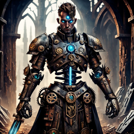 An half human half android with heavy black armor with glowi... by Fred ...