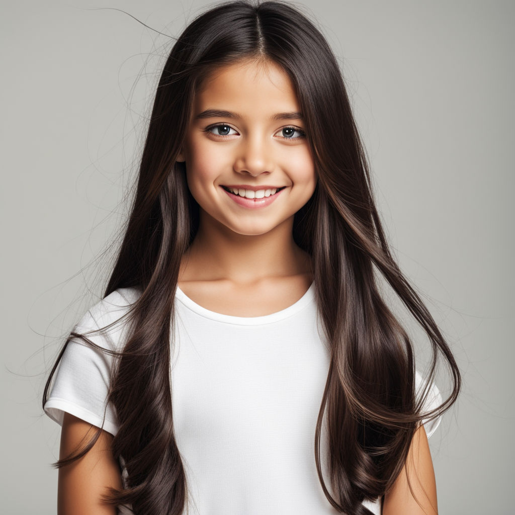 Pretty 10 Years old Girl Black Long Hair Smiling and Green E... by ...