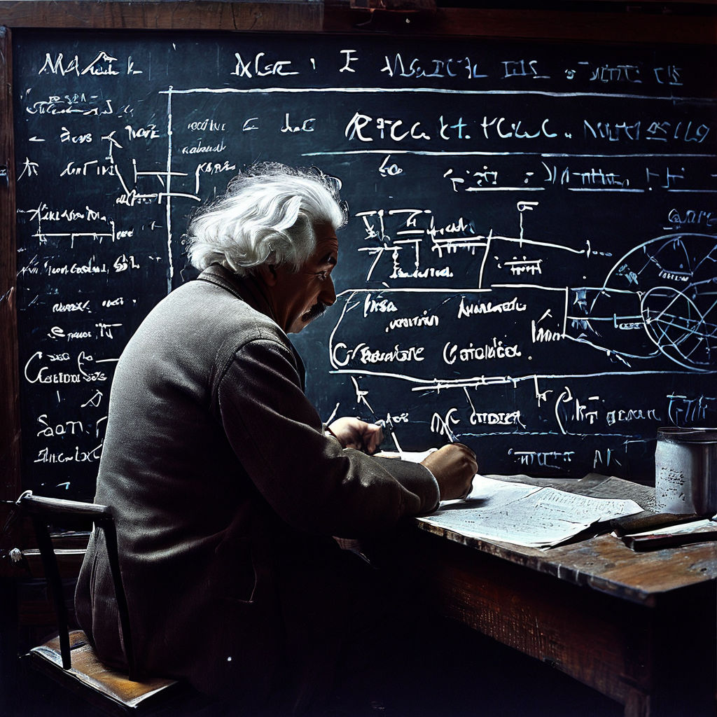 Albert einstein writing e=mc2 in the center of a chalk board... by ...