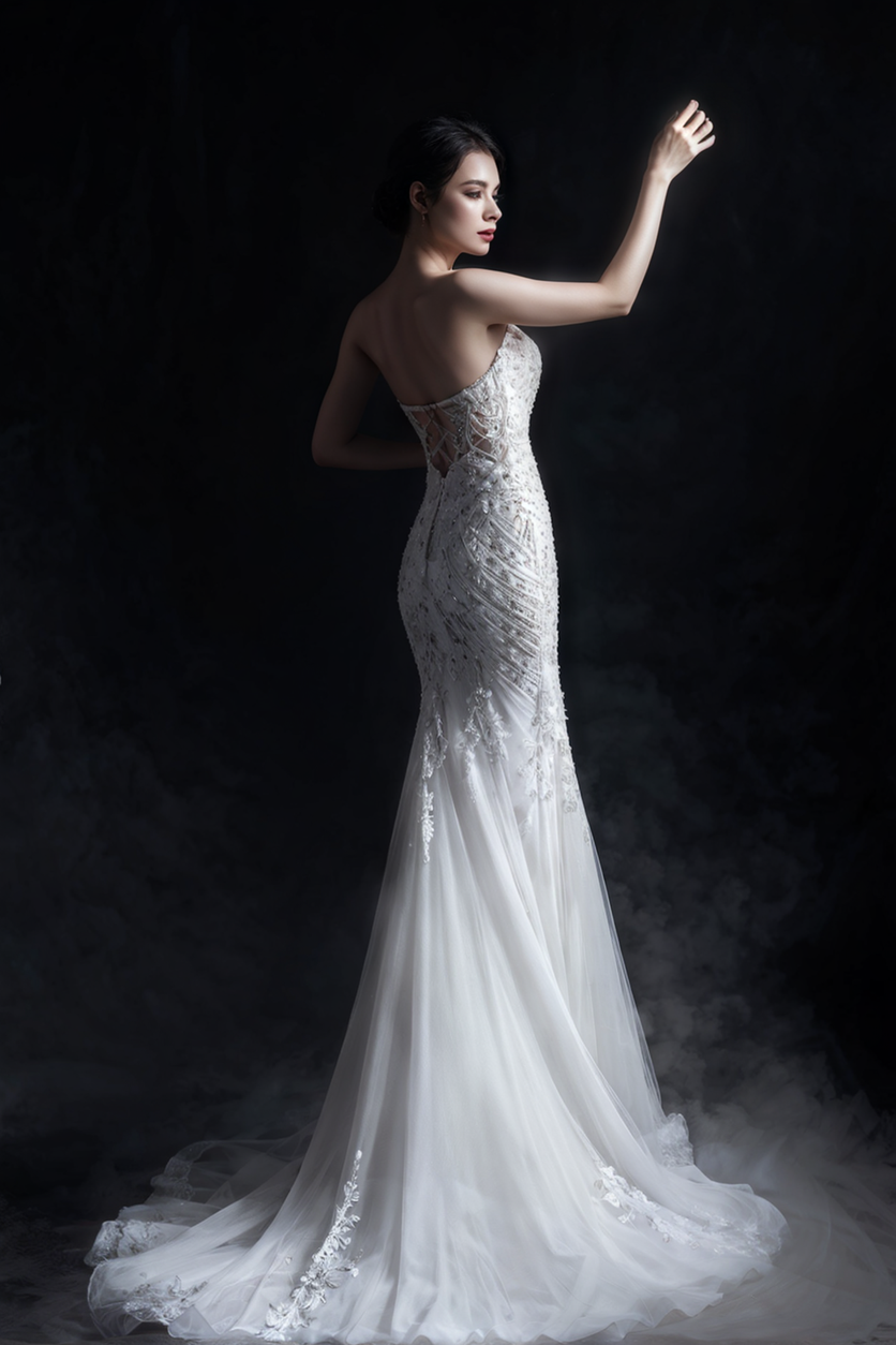 Woman clad in Berta wedding dress by Brandy Versoulen - Playground