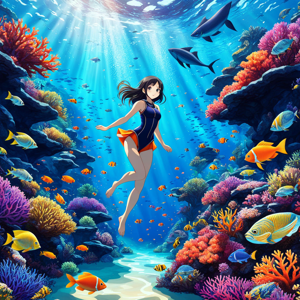 A tranquil underwater scene with an anime girl swimming amon... by ...