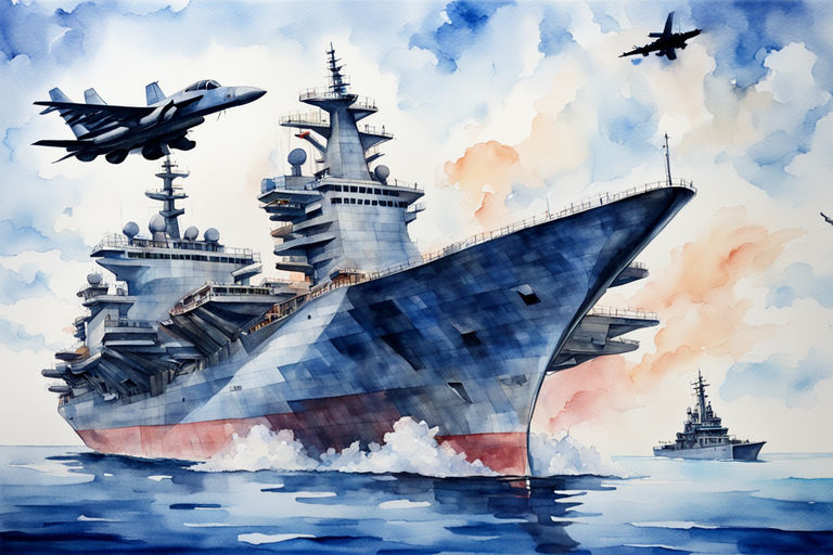 Draw a watercolor painting of a large ship and a fighter jet... by 듀이 ...