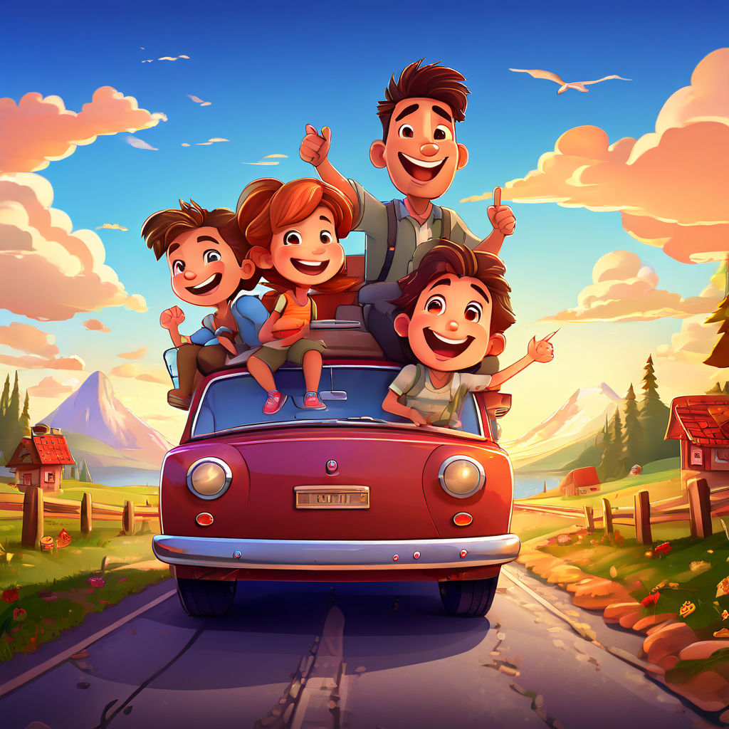 A cartoon family road trip n the car along a beautiful count... by ...