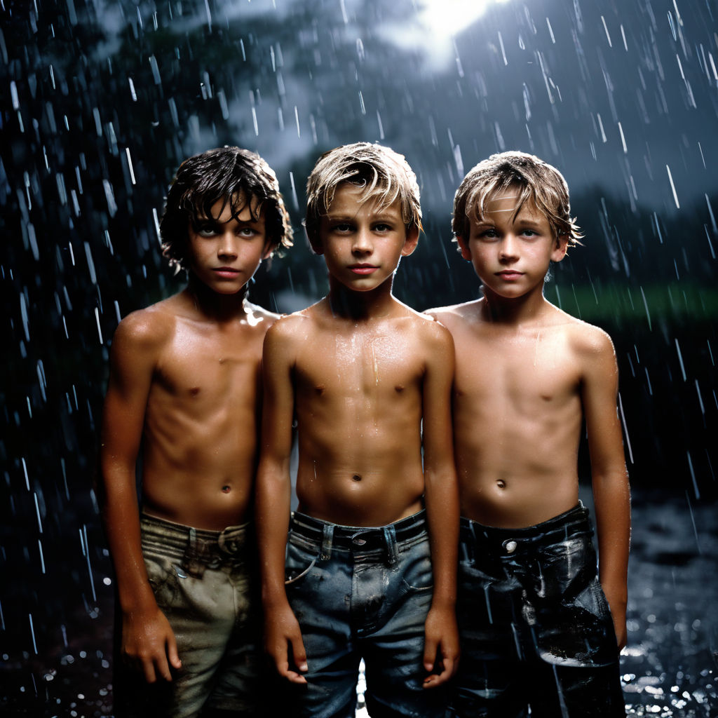 Twelve years old white shirtless boys in nowhere under rain.... by Ivan Martin - Playground