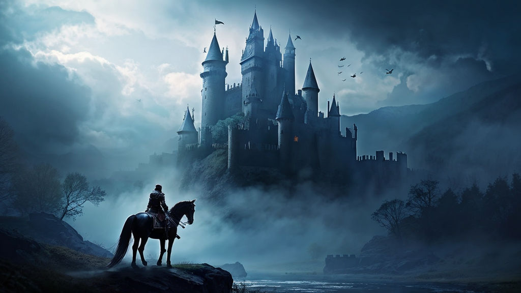 Create a haunted medieval castle covered by mist in a dark f... by ...