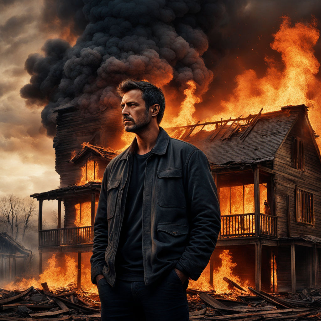 A bewildered man stands in front of a blazing house by Андрей Чухонин ...