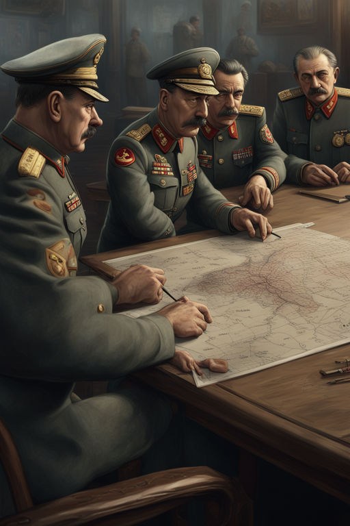 A scene showing Stalin and his generals planning the offensi... by 猪利牙 ...
