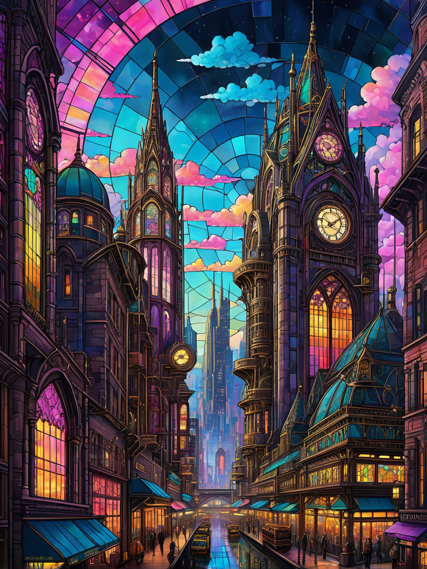 1980s steampunk-inspired neon cityscape by Christiana Cebuc - Playground