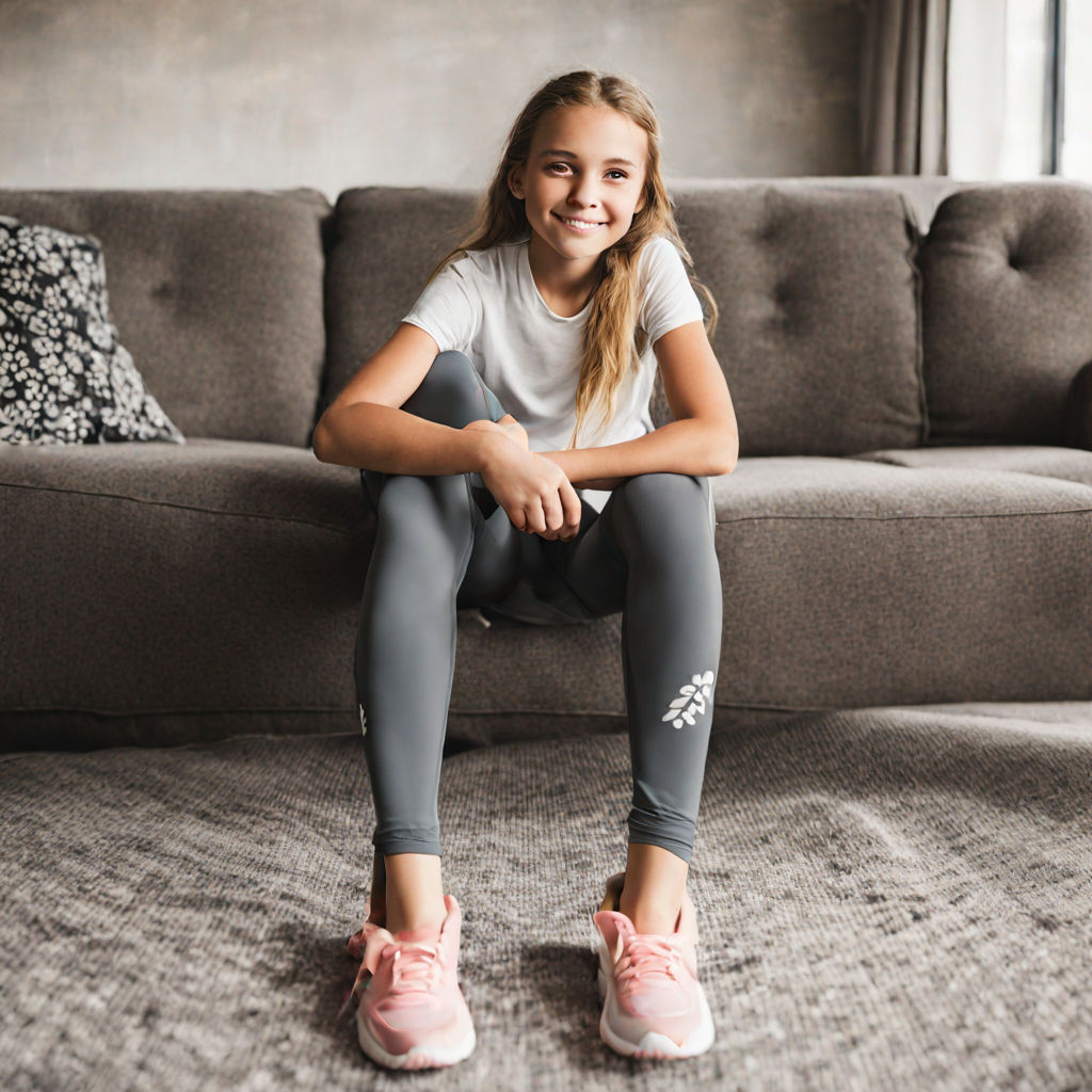 Tween Girl Wearing Athletic Leggings Sitting On Sofa By Bob Brandon Playground