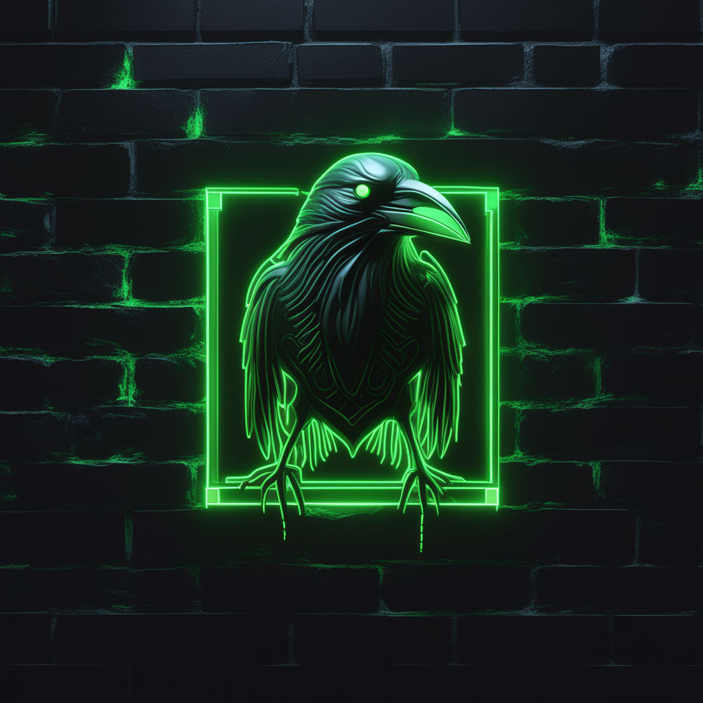 A green neon logo of a crows head on a dark black brick wall... by ...