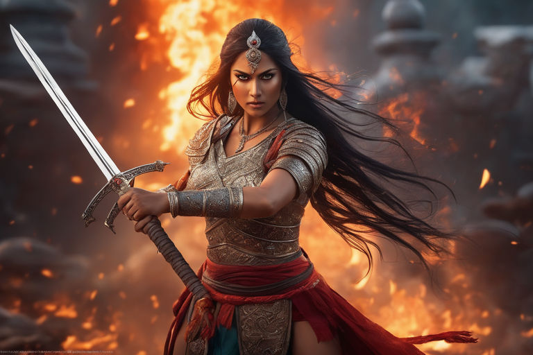 Fierce Indian warrior woman holding sword in her hand ready ... by ...