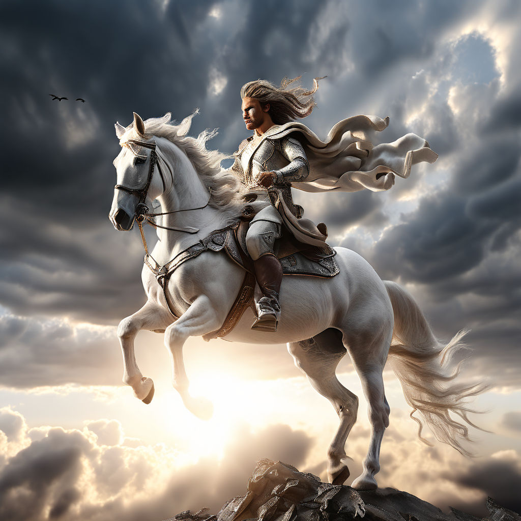 The rider on the white horse raised his sword upwards and ro... by ...