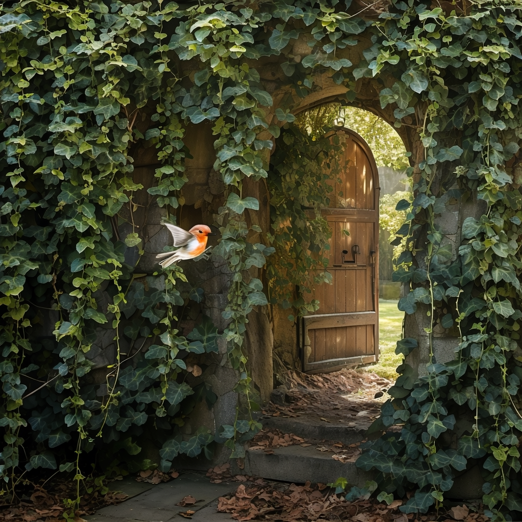 Layers of thick ivy vines surround a stone archway that lead... by Sam ...
