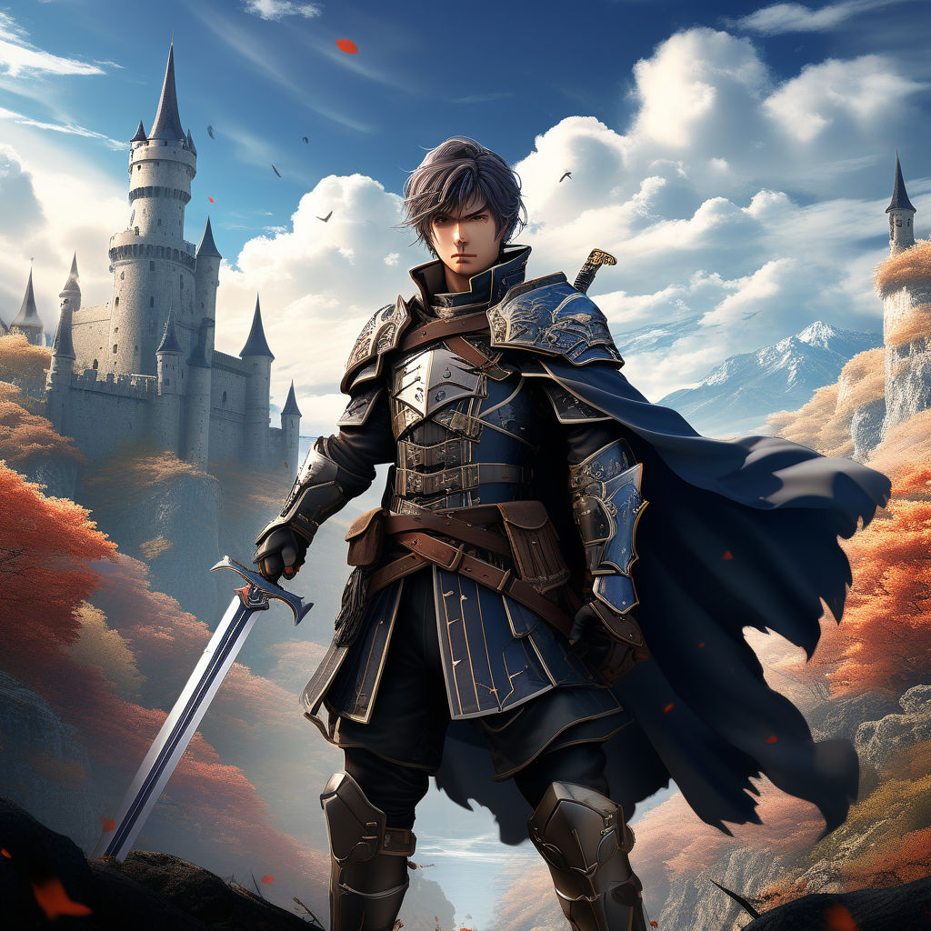 Anime medieval soldier with sword in battle position in fron... by ...