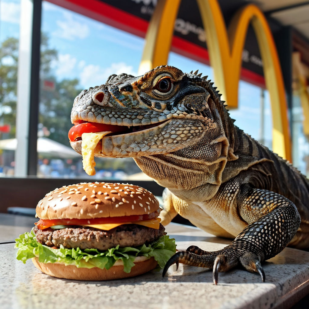 Giant lizard eating hamburger at Mcdonalds. Mcdonalds Logo b... by ...