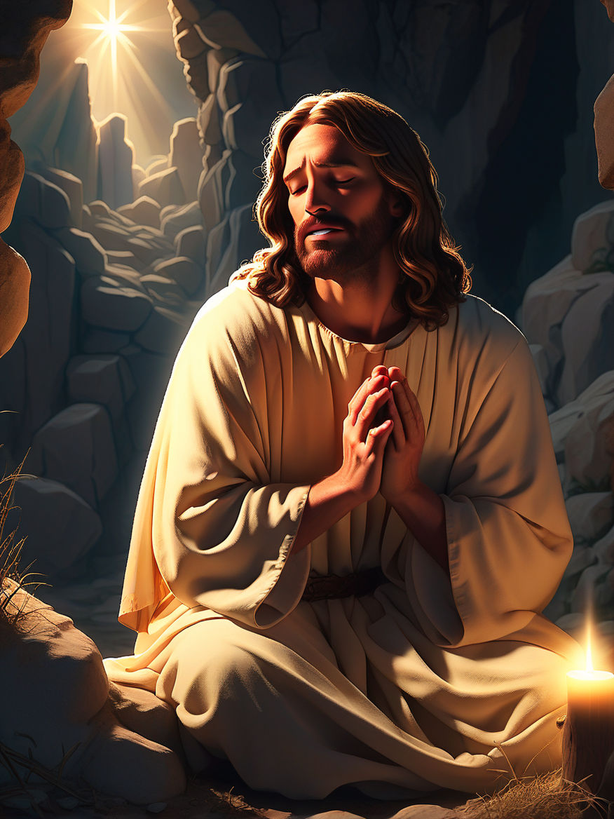 Jesus praying with his faithful，in a beautiful illuminated p... by ...