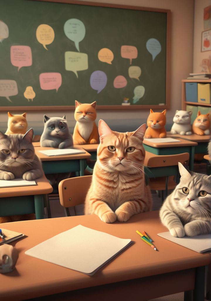 Sad cat seated at a school desk by Adam Baji - Playground