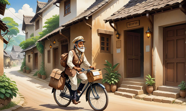 An illustration featuring the old Indian postman on a bicycl... by Sr ...