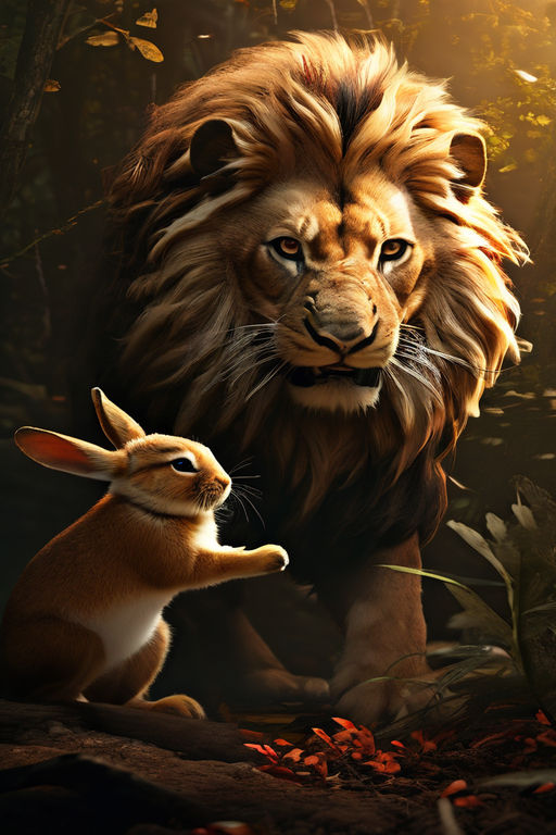 A lion and a rabbit in the forest in aggression fighting pos... by MD ...