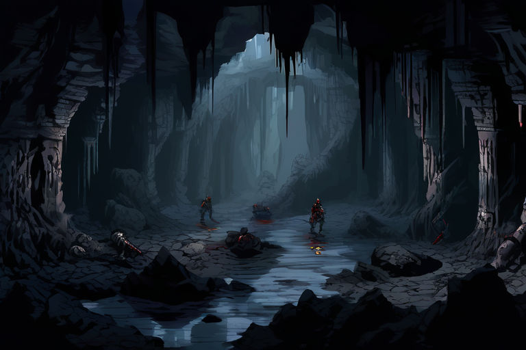 Underground cavern in 2D pixel art depicting ancient battle ... by Andy ...