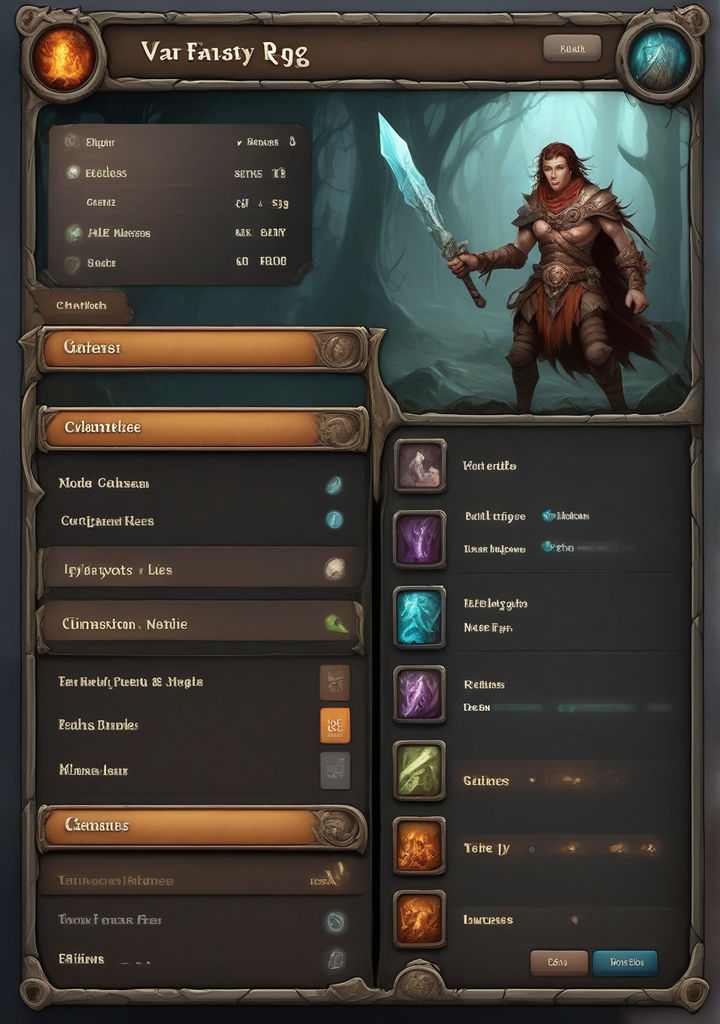 Create a fantasy RPG game interface with menu windows and in... by ...