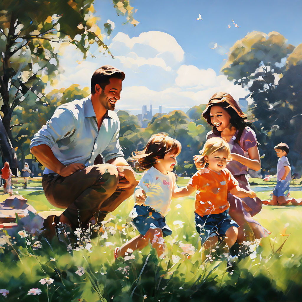 A painting of a happy family playing in the park by ömer faruk - Playground