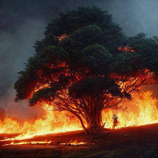 Only one aple tree burning on red fire and flames on garden ... by ...