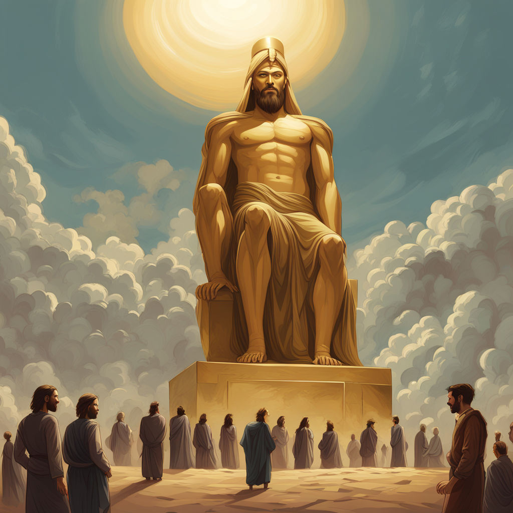 A crowd kneeling to a large golden statue of Nebuchadnezzar ... by ...
