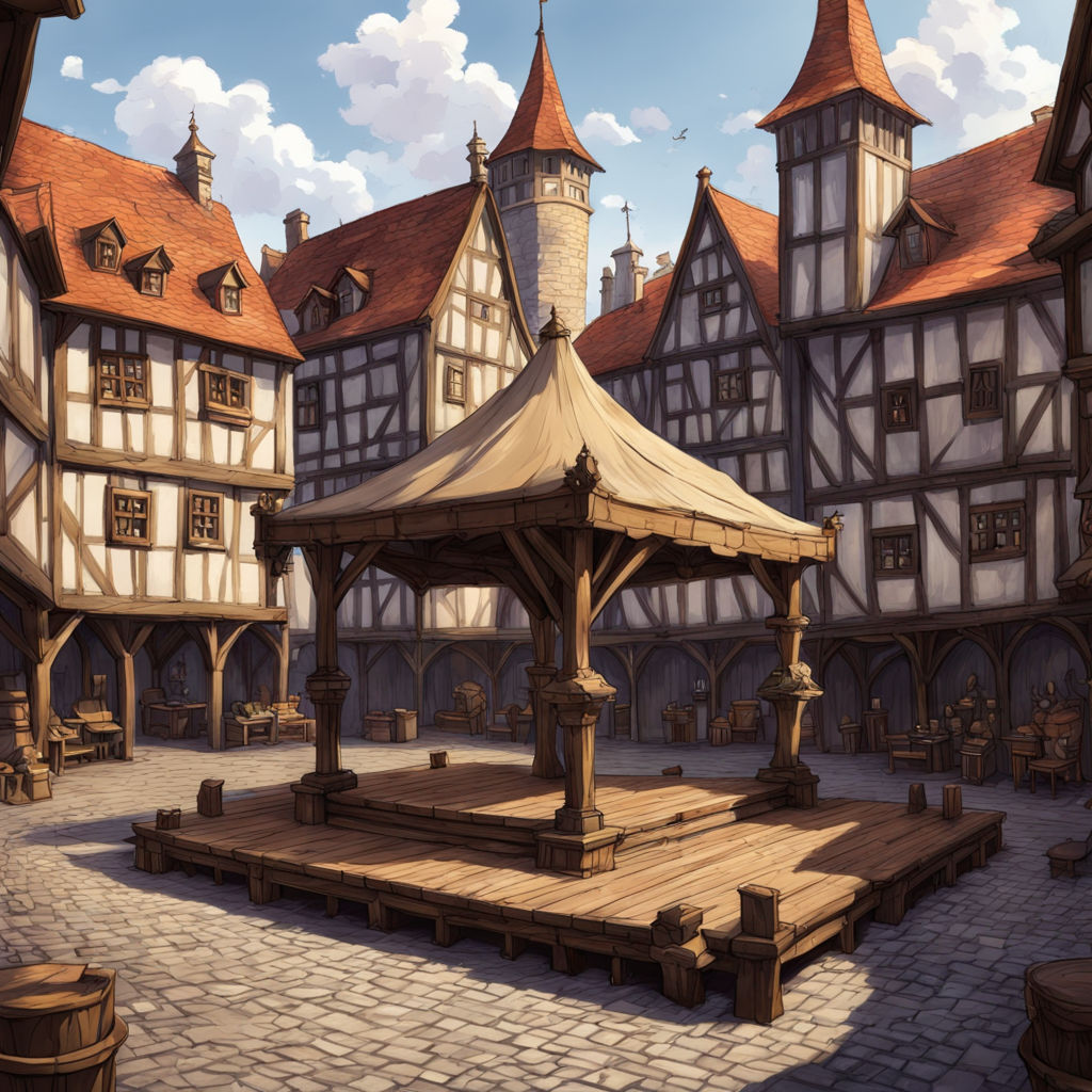 High wooden platform stage in a medieval town square dnd art... by ...