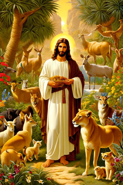 Middle eastern Jesus in the garden of eden with animals by Stela Iordan ...