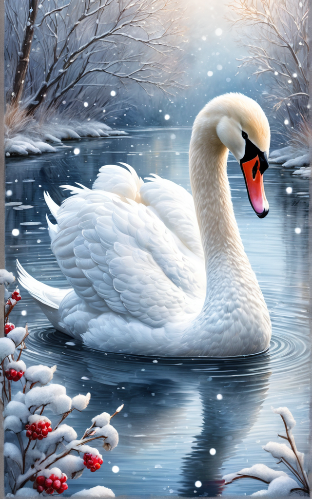 A beautiful cute swan in a fantasy winter lake by K. Ingrid - Playground