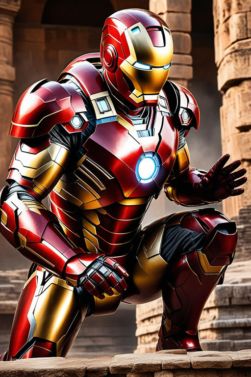 Close up Iron Man stands in a fighting position with his han... by ...