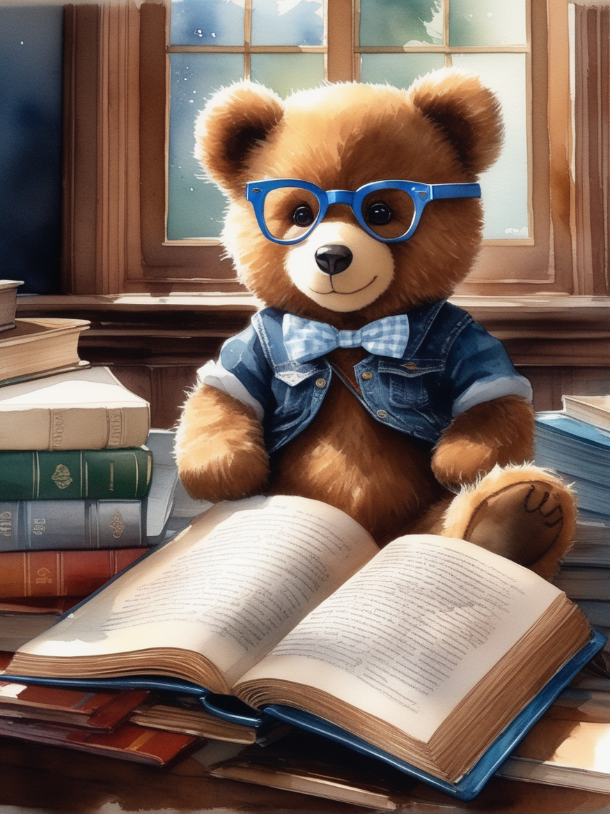 Cute teddy bear Baby with glasses Reading a book in watercol... by Lore ...