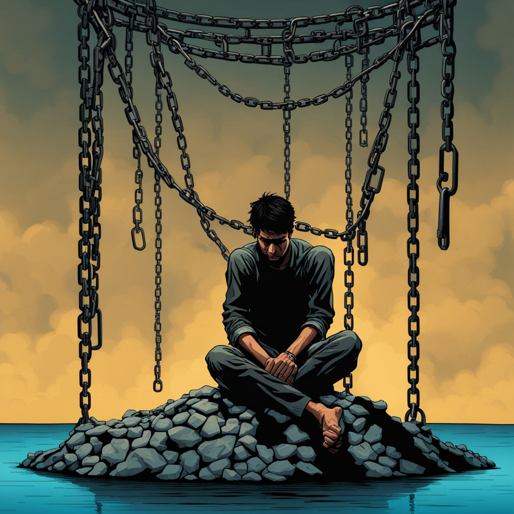 An emaciated man bounded by chains that’s attached to a larg... by ...