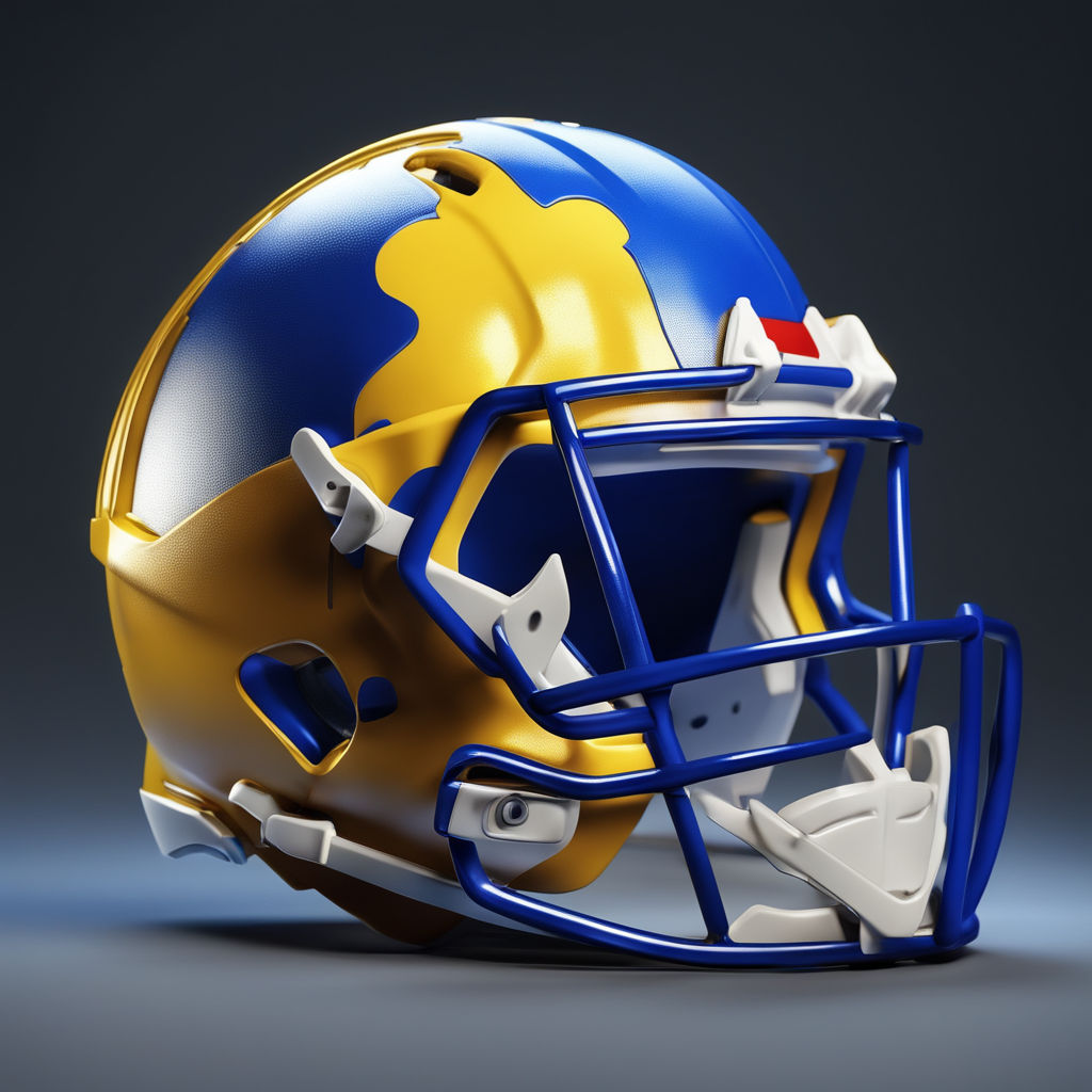 A shiny Matt Blue Football helmet with yellow cheese on it i... by F ...