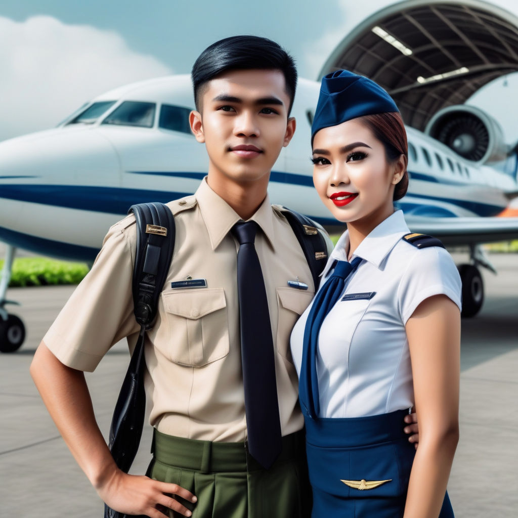 20 year old man in pilot uniform standing with flight attend... by Mas ...