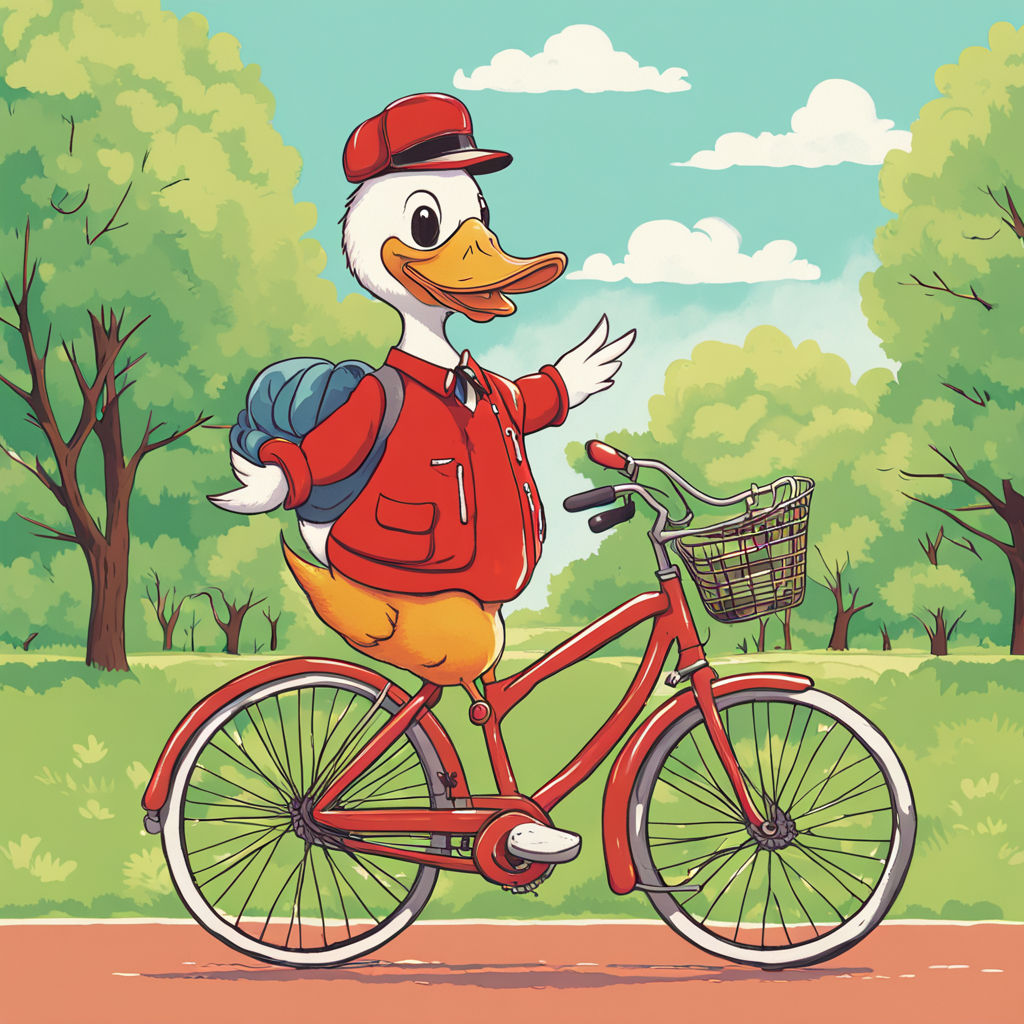 An illustration of a duck wearing red shorts riding a bicycl... by Anna ...
