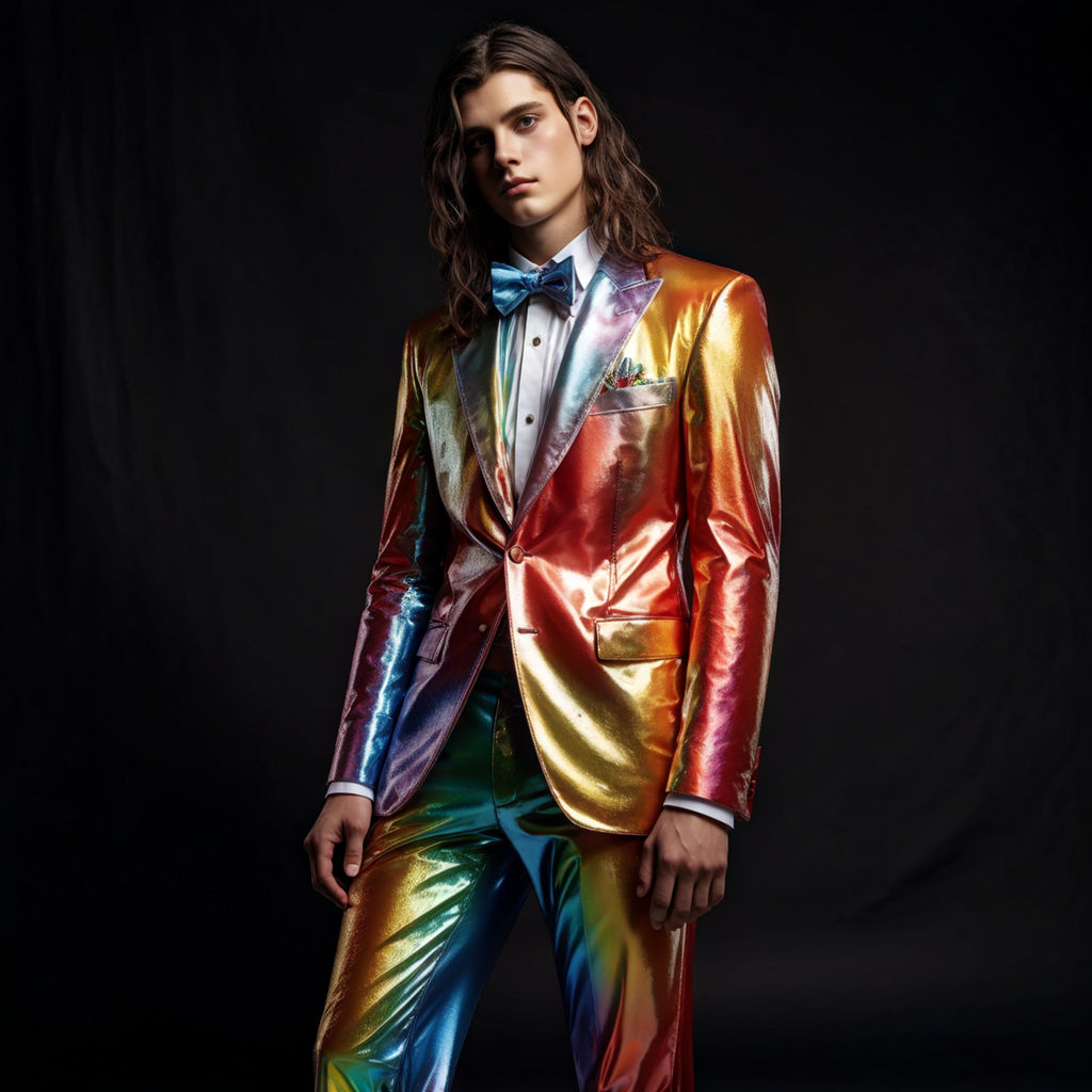 20 YEAR OLD WEARING SHINY WET PLASTIC RAINBOW TUXEDO FULL BO... by Chris Bramble - Playground
