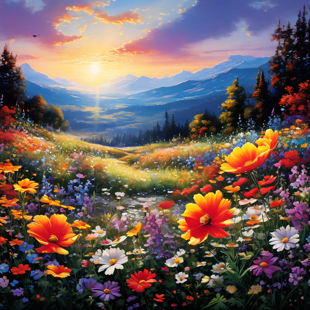 The image portrays a sprawling meadow bursting with a pletho... by ...