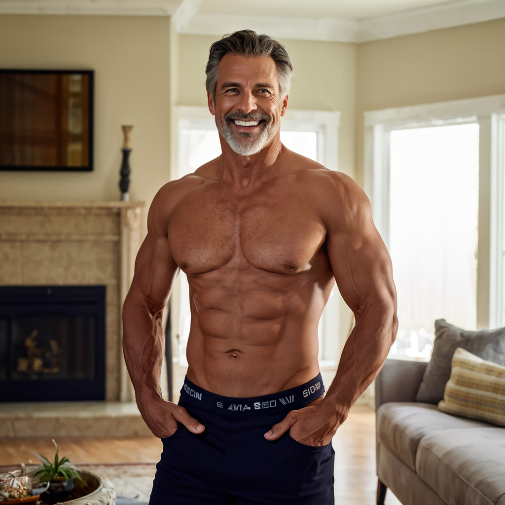 A smiling handsome middle-aged muscular man standing in soft... by Adam ...