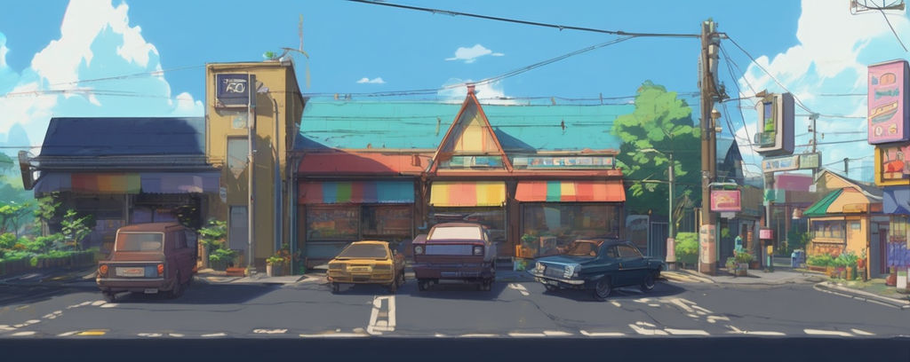 Create a 2d minimarket with cars parked in the front in the ... by ...