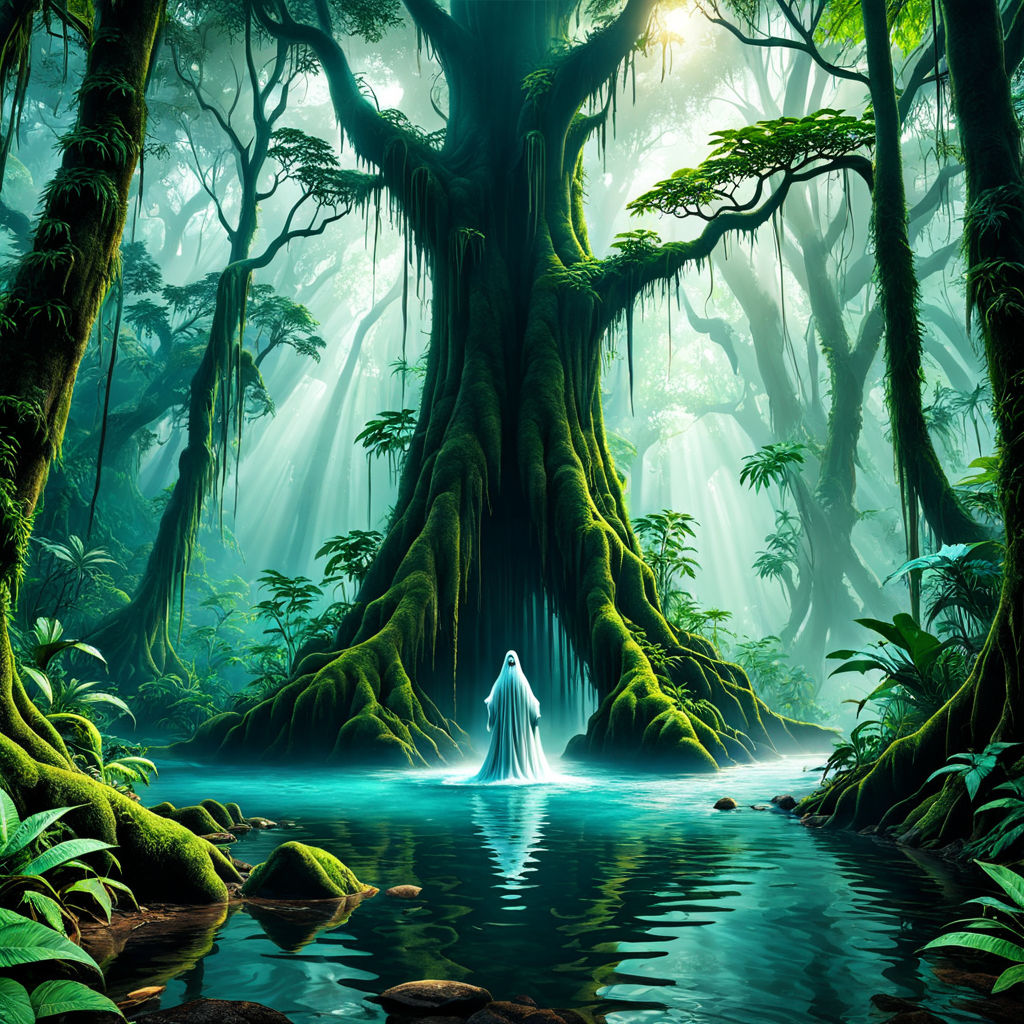 Scary ghost in the deep big trees rainforest with still wate... by ...