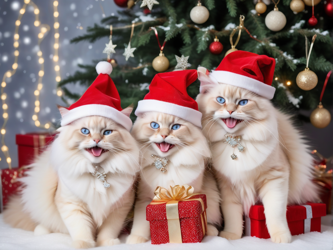 2 laughing cuddling cream ragdoll cats wearing santa hats an... by ...