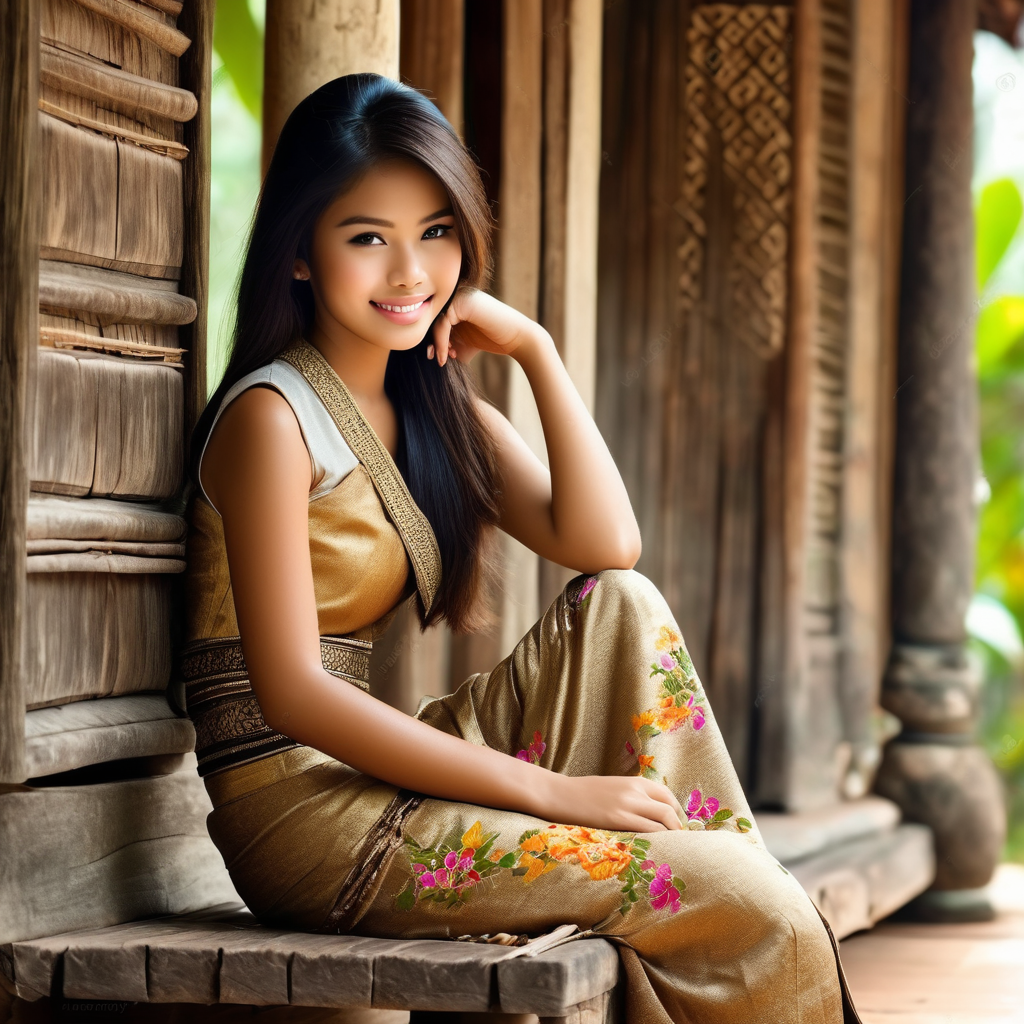 Beautiful thai teen girl sitting on the front porch of her o... by ...